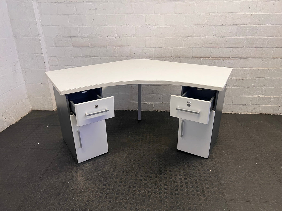 White 2 Drawer 2 Door V-Shaped Desk | 2ndhandwarehouse.com