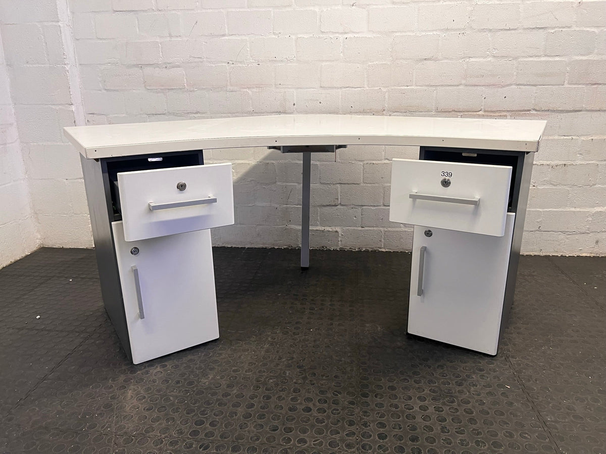 White 2 Drawer 2 Door V-Shaped Desk | 2ndhandwarehouse.com